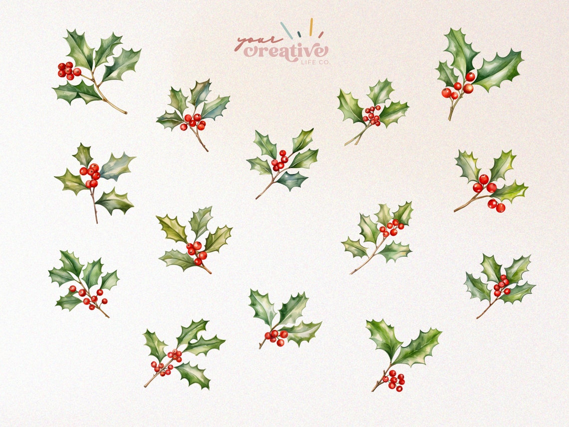 Watercolor Holly Clipart Pack Holly Berries Christmas Clipart Holly PNG ...