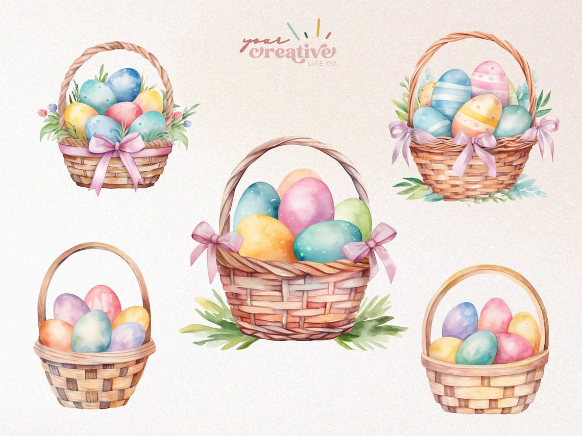 Watercolor Easter Egg Basket Clipart Pack Commercial Use Easter Clipart ...