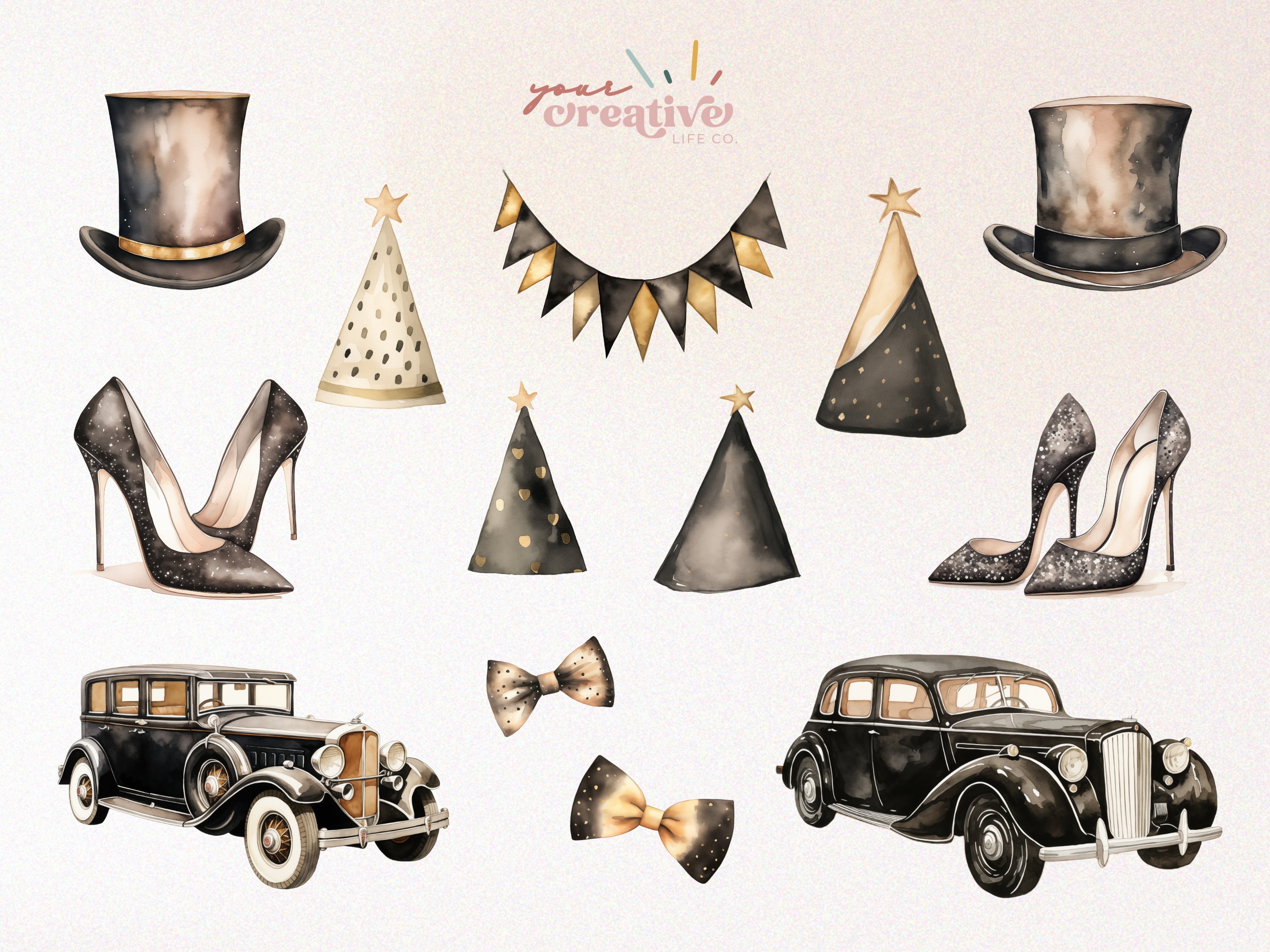 Watercolor New Years Eve Clipart Bundle: Gold & Black Party PNG ...