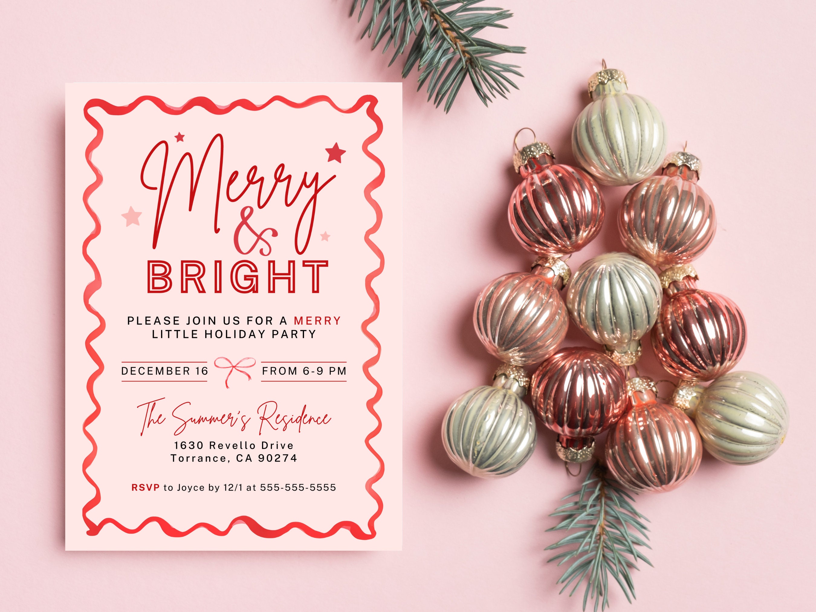 Pink Christmas Party Invitation: Watercolor Ribbon Holiday Invite ...
