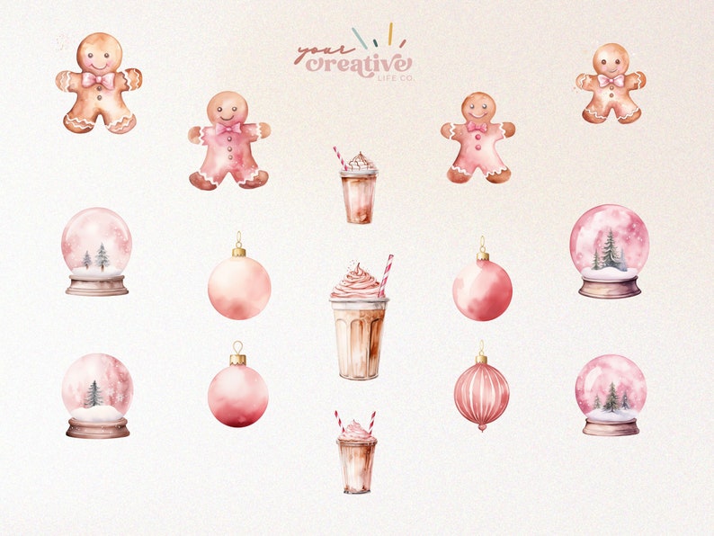 Pink Christmas Clipart Pack Watercolor Christmas Clipart Pink Christmas ...