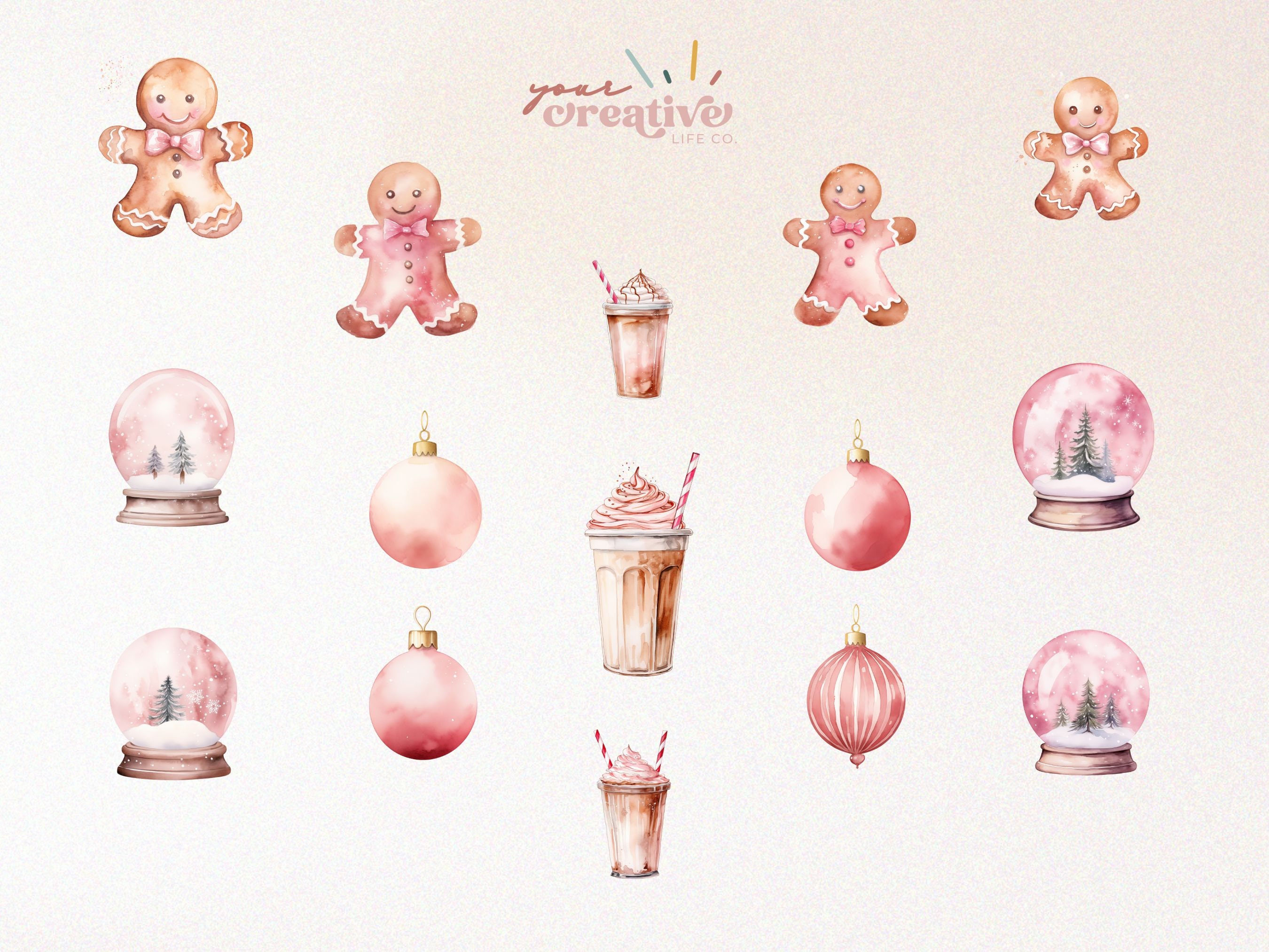 Pink Christmas Clipart Pack Watercolor Christmas Clipart Pink Christmas ...