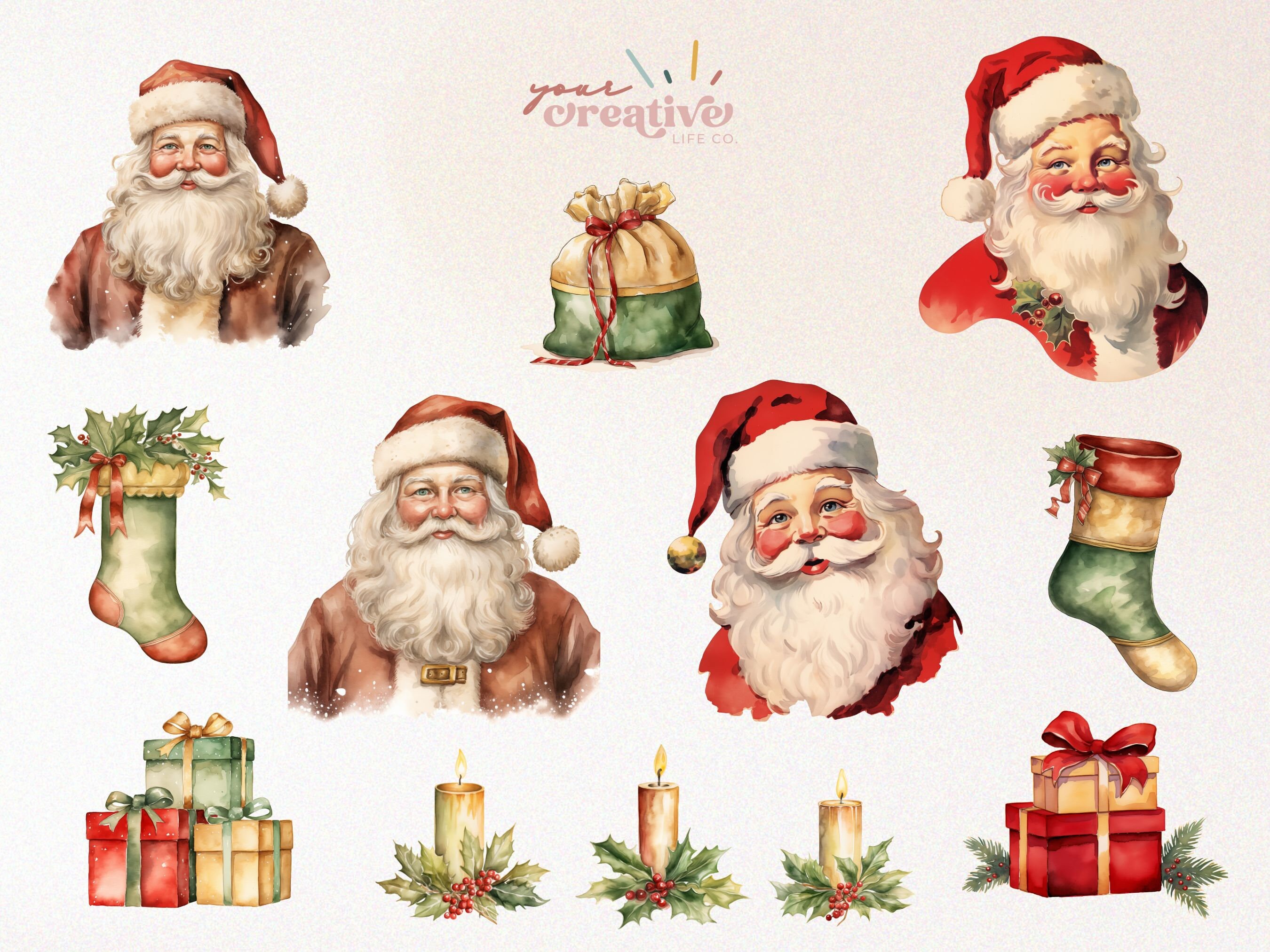 Vintage Christmas Clipart Pack | Watercolor Christmas Clipart Bundle ...