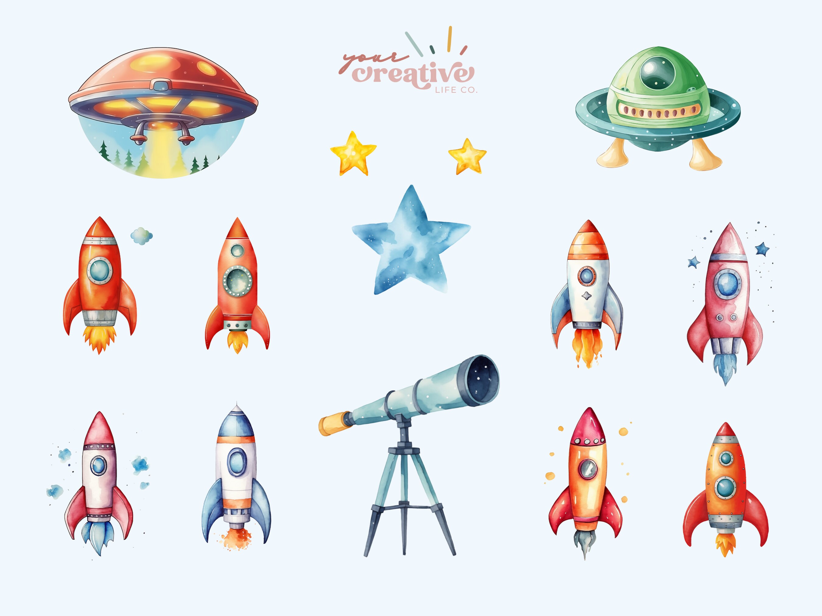 Watercolor Space Clipart: Astronauts, Rockets & Spaceships (commercial ...