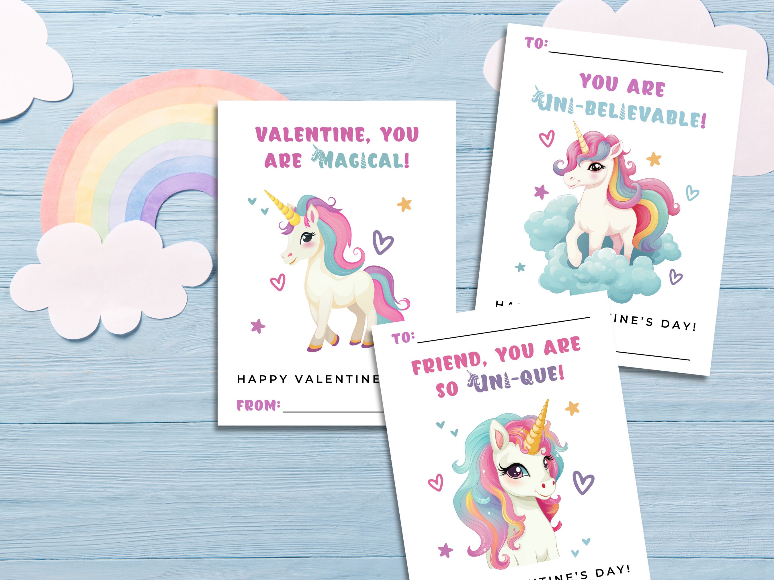 Rainbow Unicorn Valentine's Day Cards: Printable Kids Classroom ...
