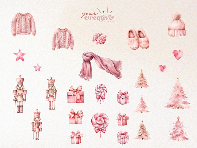 Pink Christmas Clipart Pack Watercolor Christmas Clipart Pink Christmas ...
