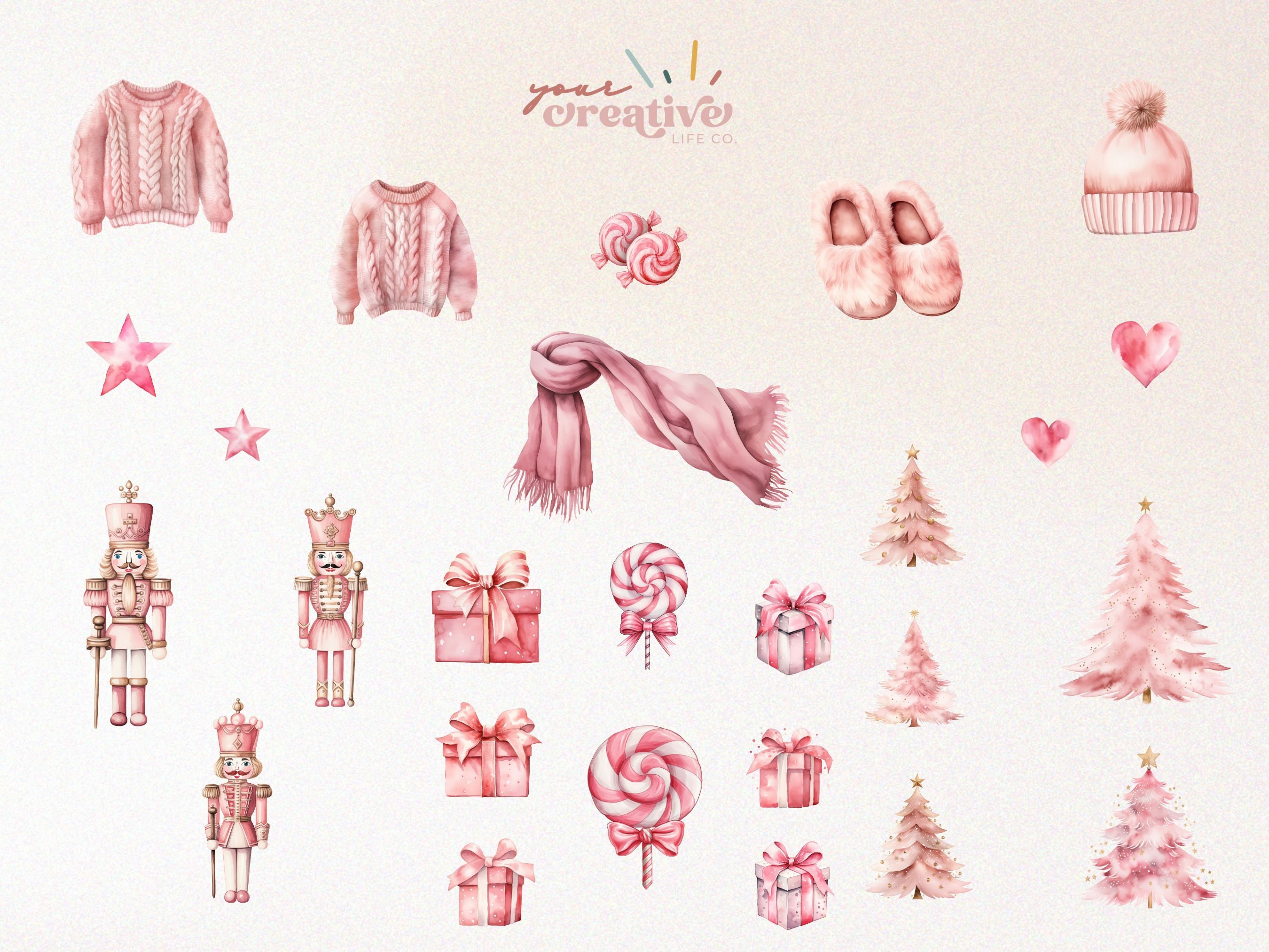 Pink Christmas Clipart Pack Watercolor Christmas Clipart Pink Christmas ...