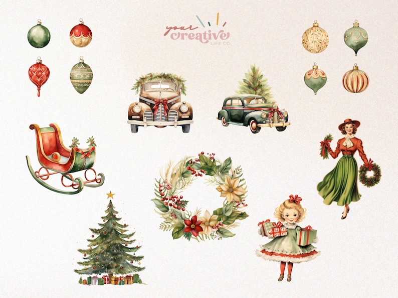 Vintage Christmas Clipart Pack Watercolor Christmas Clipart Bundle ...