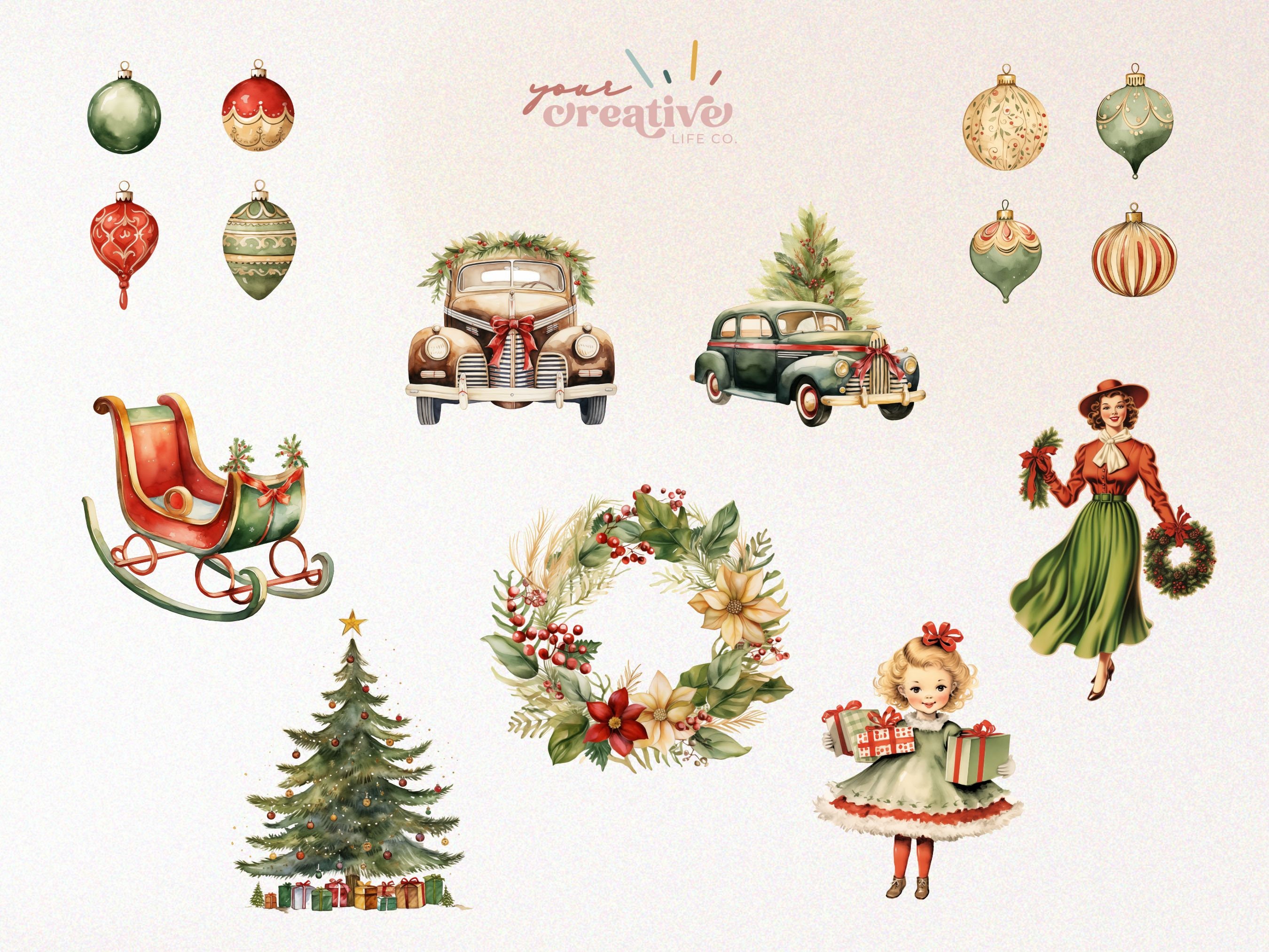 Vintage Christmas Clipart Pack Watercolor Christmas Clipart Bundle ...