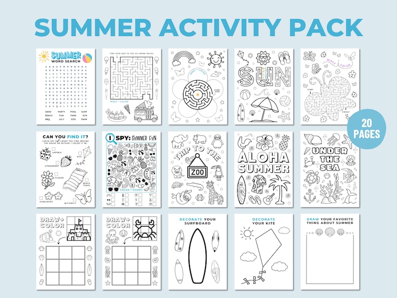Kids Summer Activity Pack: Printable Coloring Pages & Games (digital ...