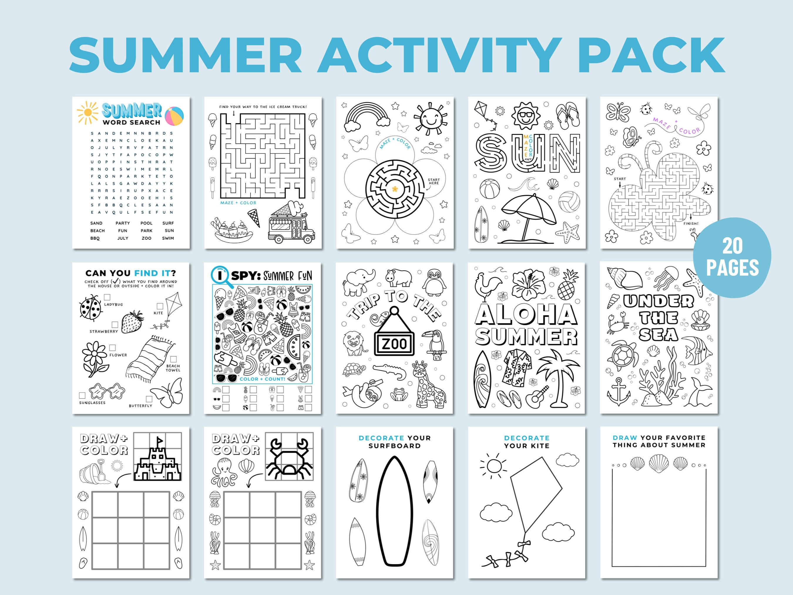 Kids Summer Activity Pack: Printable Coloring Pages & Games (digital ...