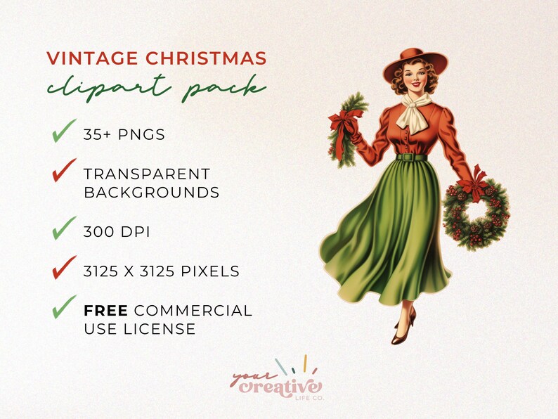 Vintage Christmas Clipart Pack Watercolor Christmas Clipart Bundle ...