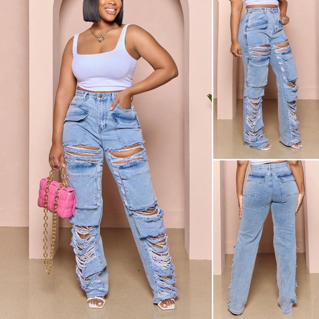 Ripped Distressed Cargo Jeans - Etsy