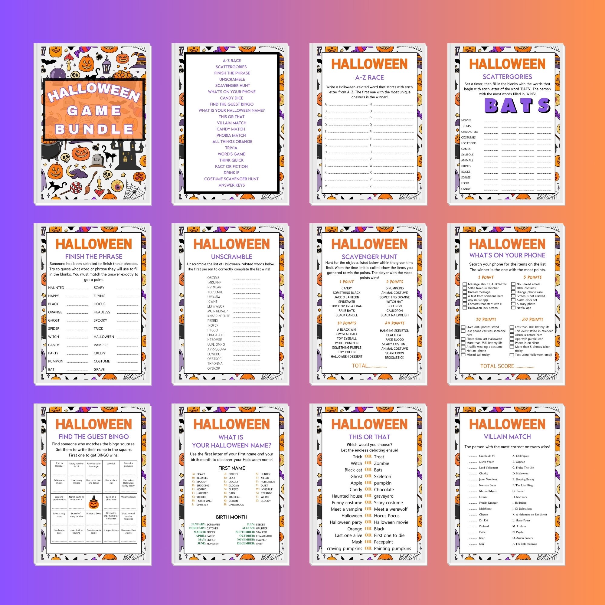 20 PRINTABLE HALLOWEEN GAMES | Instant Download | Kids and Teen Games ...