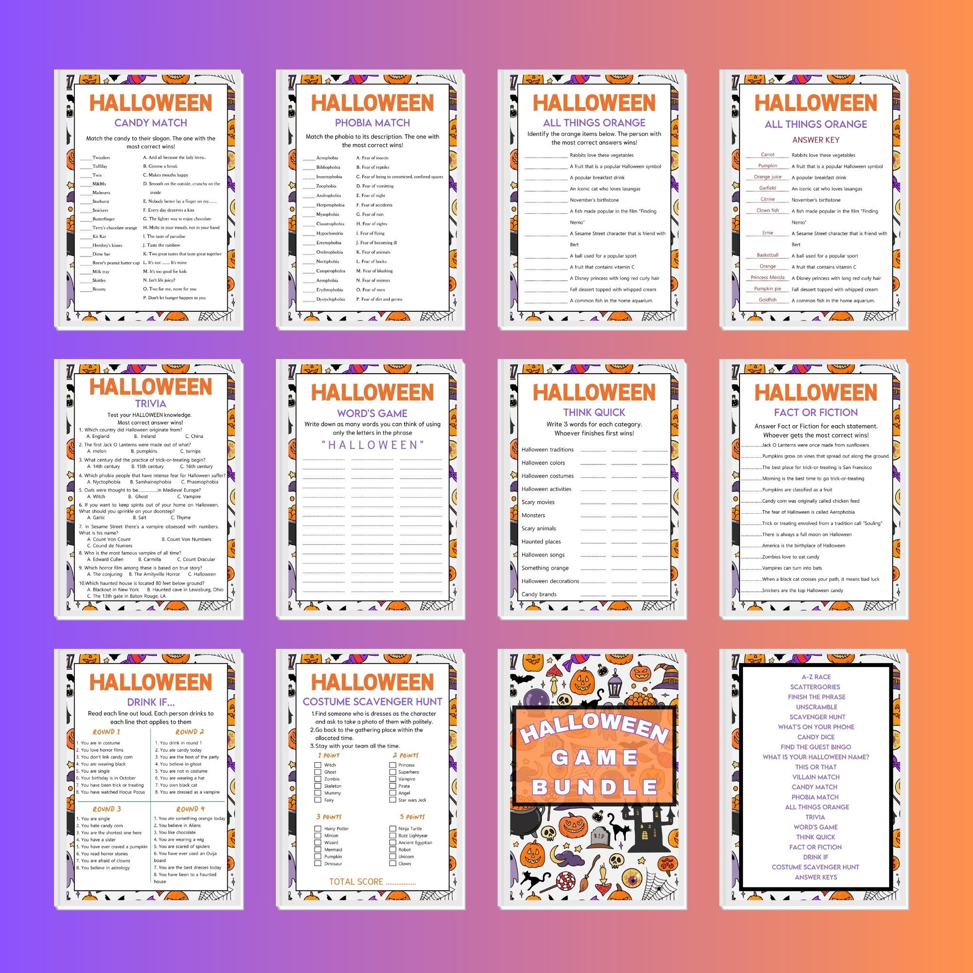 20 PRINTABLE HALLOWEEN GAMES | Instant Download | Kids and Teen Games ...