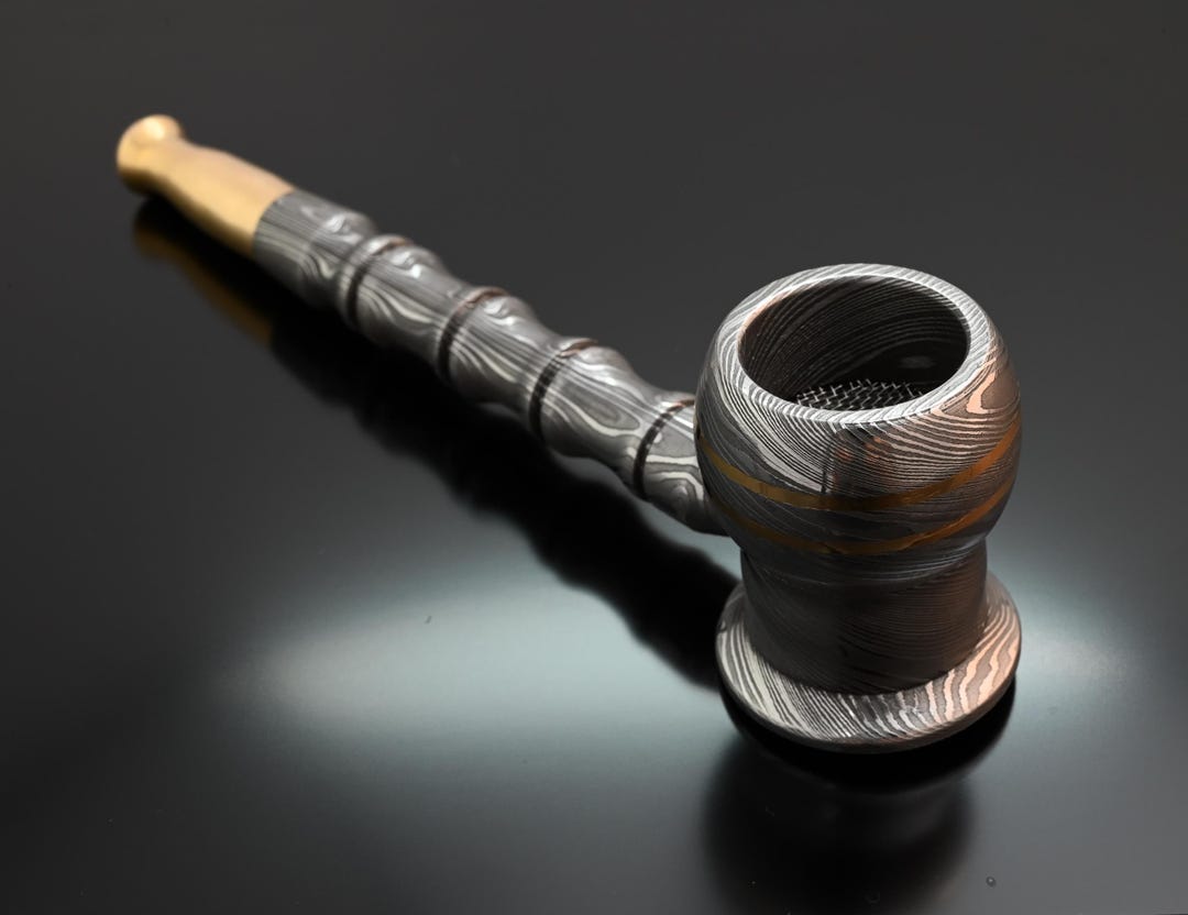 Handmade Damascus Steel Smoking Pipe, Brass Tobacco Pipe, Mesh Gauze ...