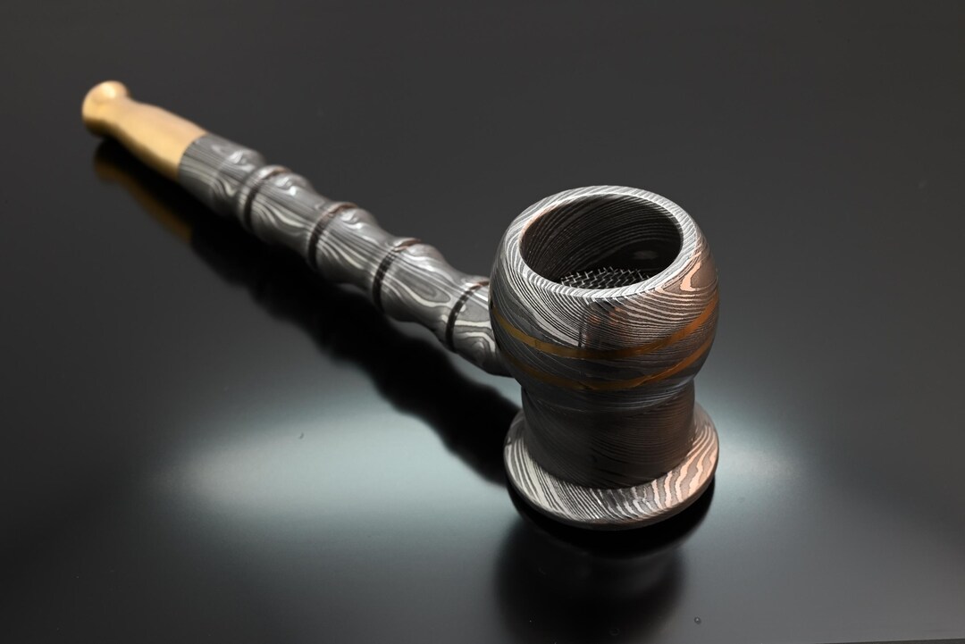 Handmade Damascus Steel Smoking Pipe, Brass Metal Pipe With Mesh Gauze ...