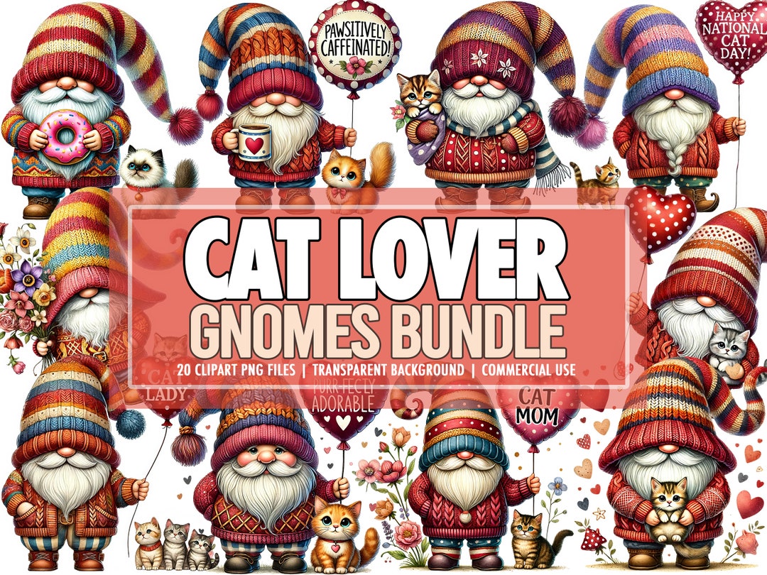 Watercolor Cat Lover Gnomes PNG Clipart Bundle of 20, Cute Gnome PNG ...