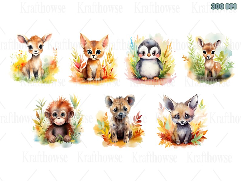 Watercolor Safari Baby Animal Png-clipart Bundle of 25 Baby Animal ...
