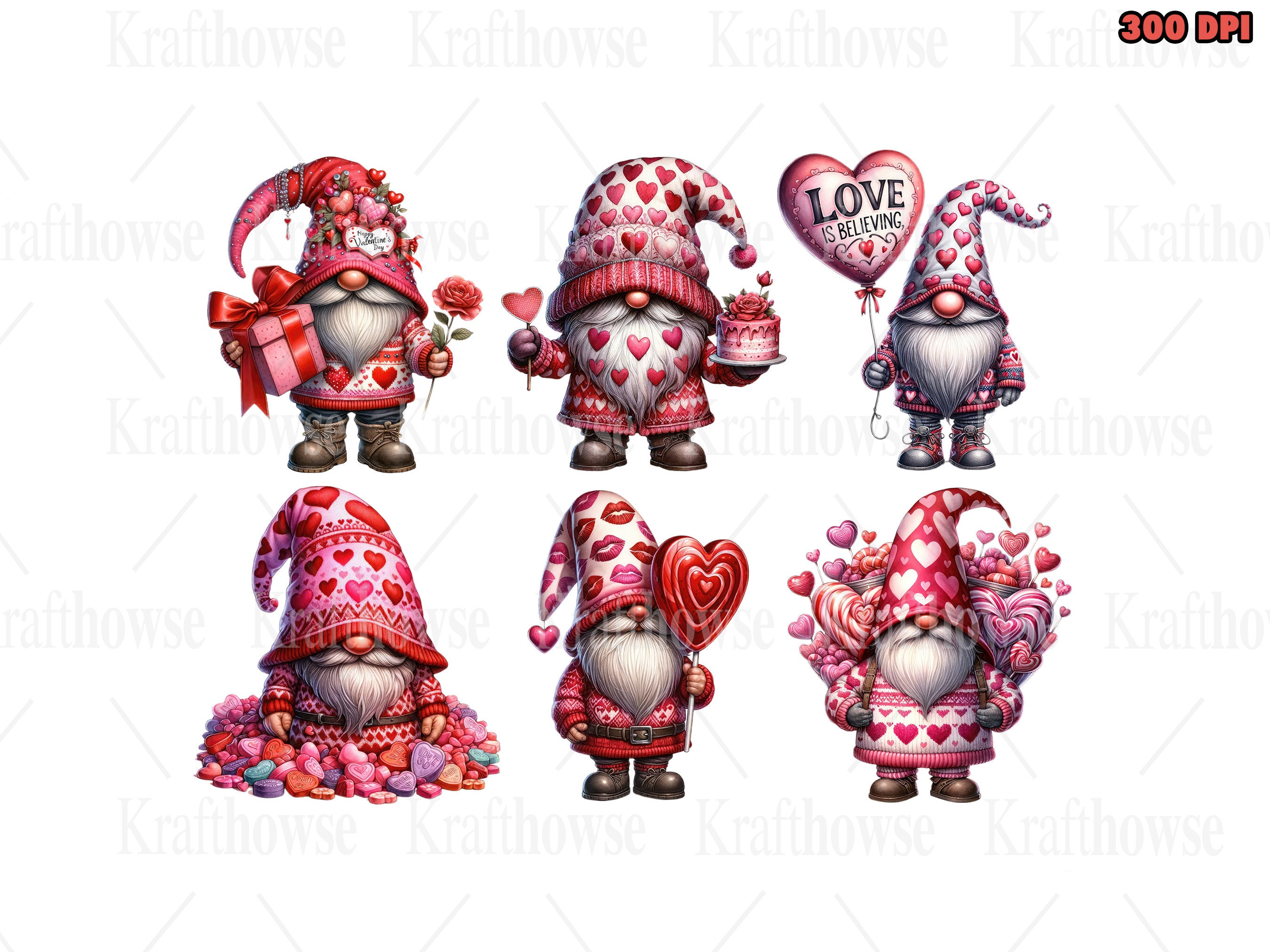 Watercolor Valentines Day PNG Festive Gnomes Clipart Bundle of 30, Cute ...