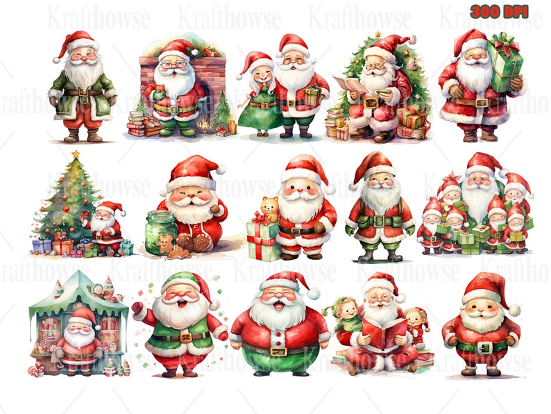 Watercolor Santa Claus Cuteness Png-clipart Bundle of 25 Christmas ...