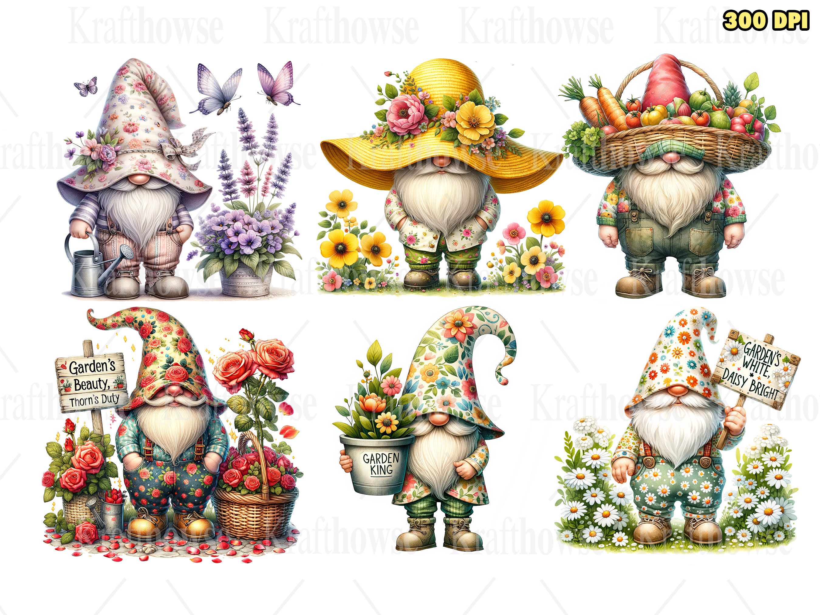 Watercolor Spring Garden Outdoor Gnomes PNG Clipart Bundle of 20, Cute ...