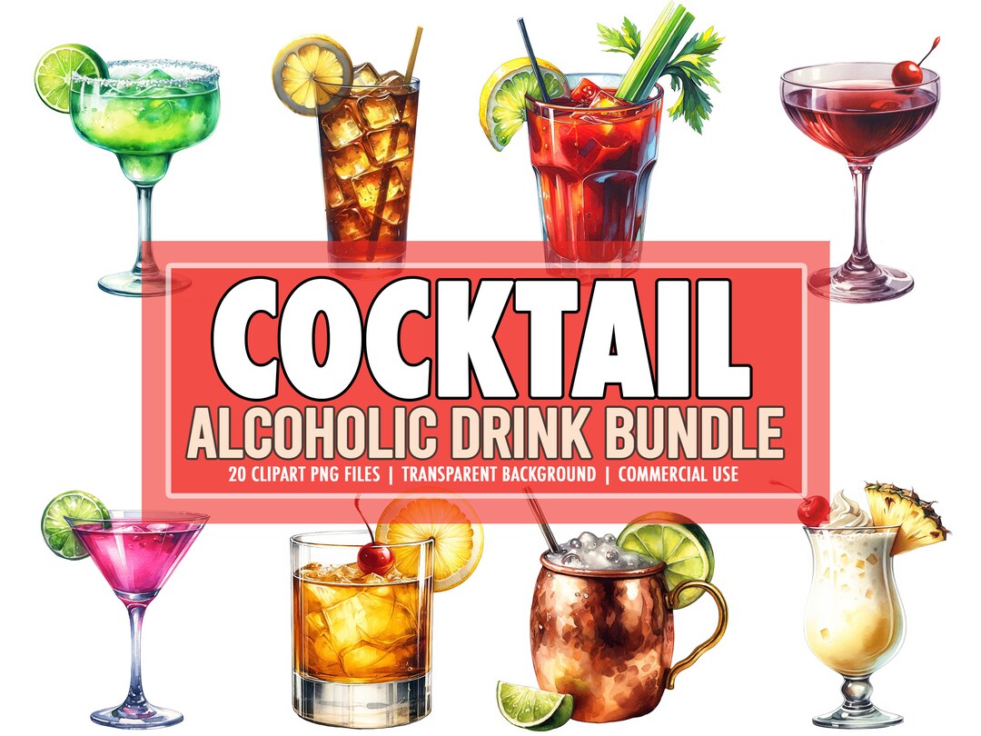 Watercolor Cocktail Alcoholic Bar Drinks PNG Clipart Bundle of 20 ...