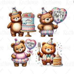 Watercolor Birthday Bear PNG Clipart Bundle of 20, Cute Bear PNG ...