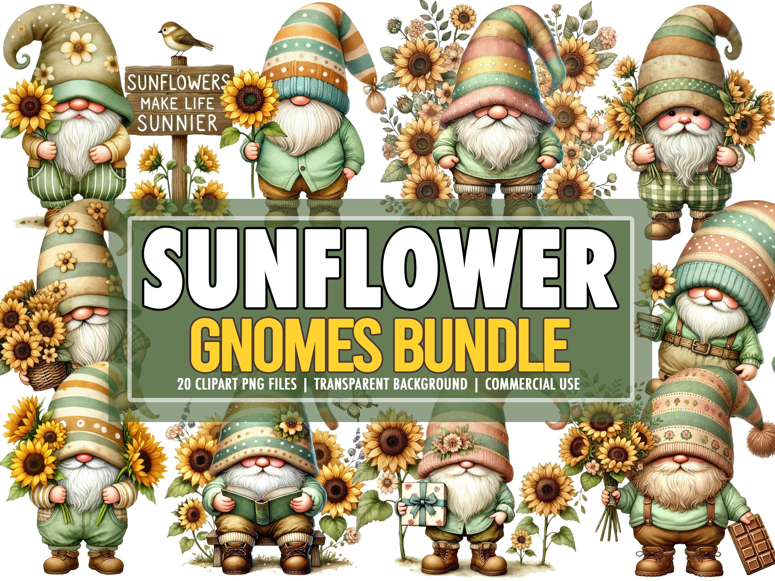 Watercolor Sunflower Gnome PNG Clipart Bundle of 20, Cute Summer Gnome ...