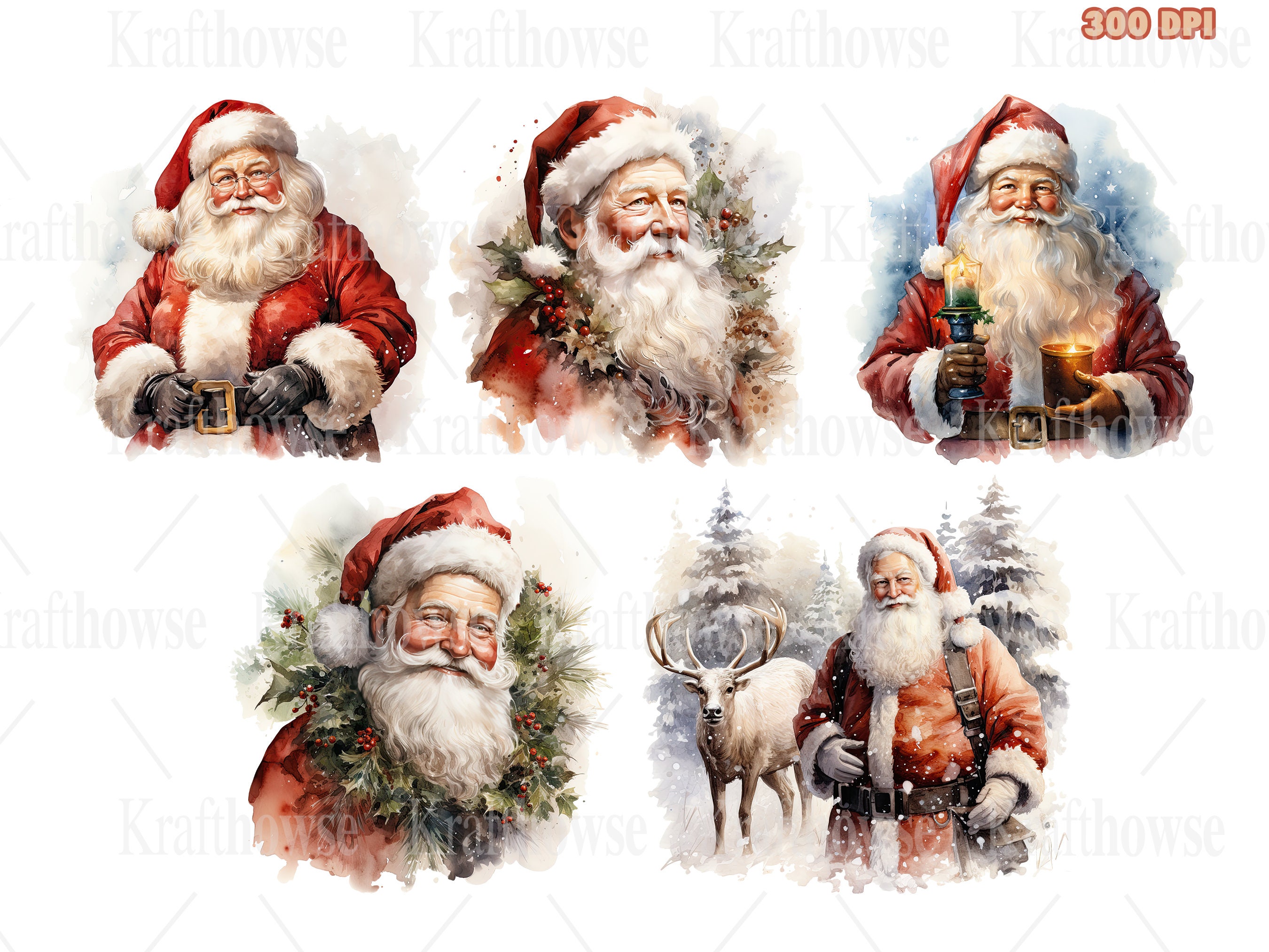Watercolor Santa Claus Vintage Png-clipart Bundle of 25 - Christmas ...