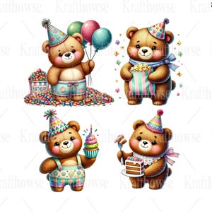 Watercolor Birthday Bear PNG Clipart Bundle of 20, Cute Bear PNG ...