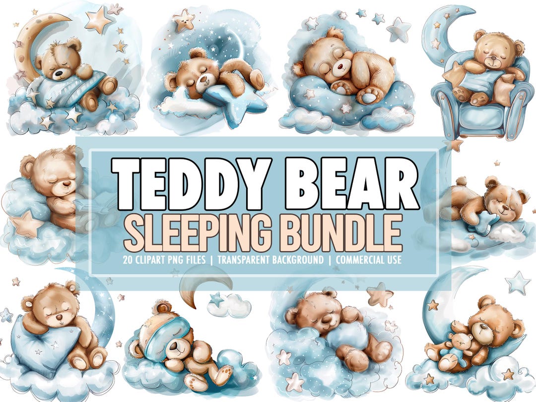 Watercolor Blue Teddy Bear Nursery Png-clipart Bundle of 20 - Sleeping ...