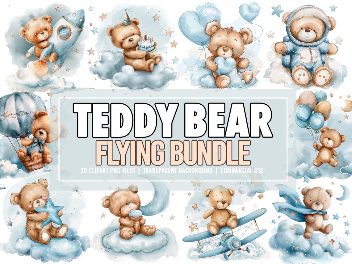 Watercolor Blue Teddy Bear Nursery PNG Clipart Bundle of 20 - Blue ...