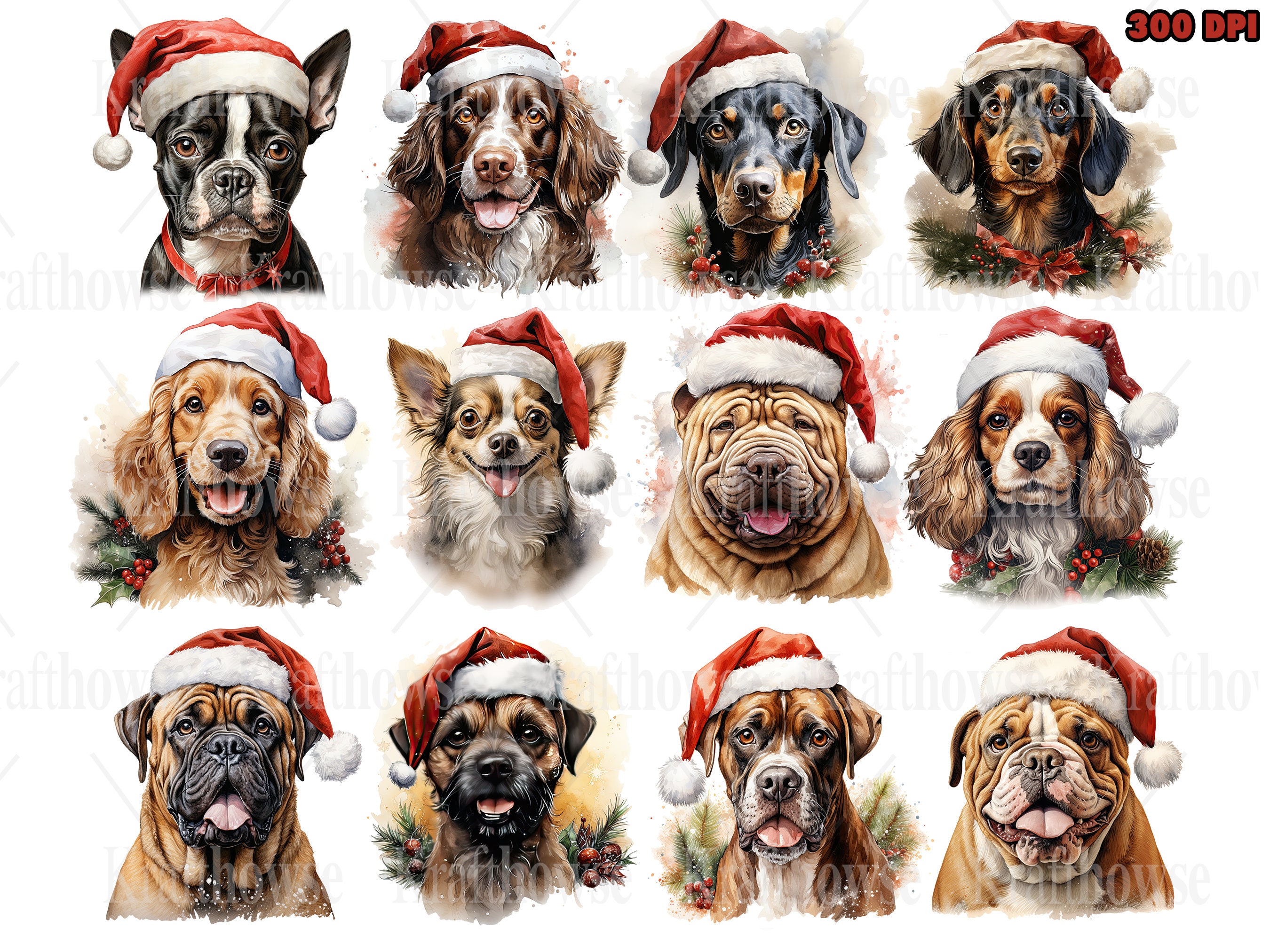 Watercolor Christmas Dog Breed Png-clipart Holiday Bundle of 50 ...