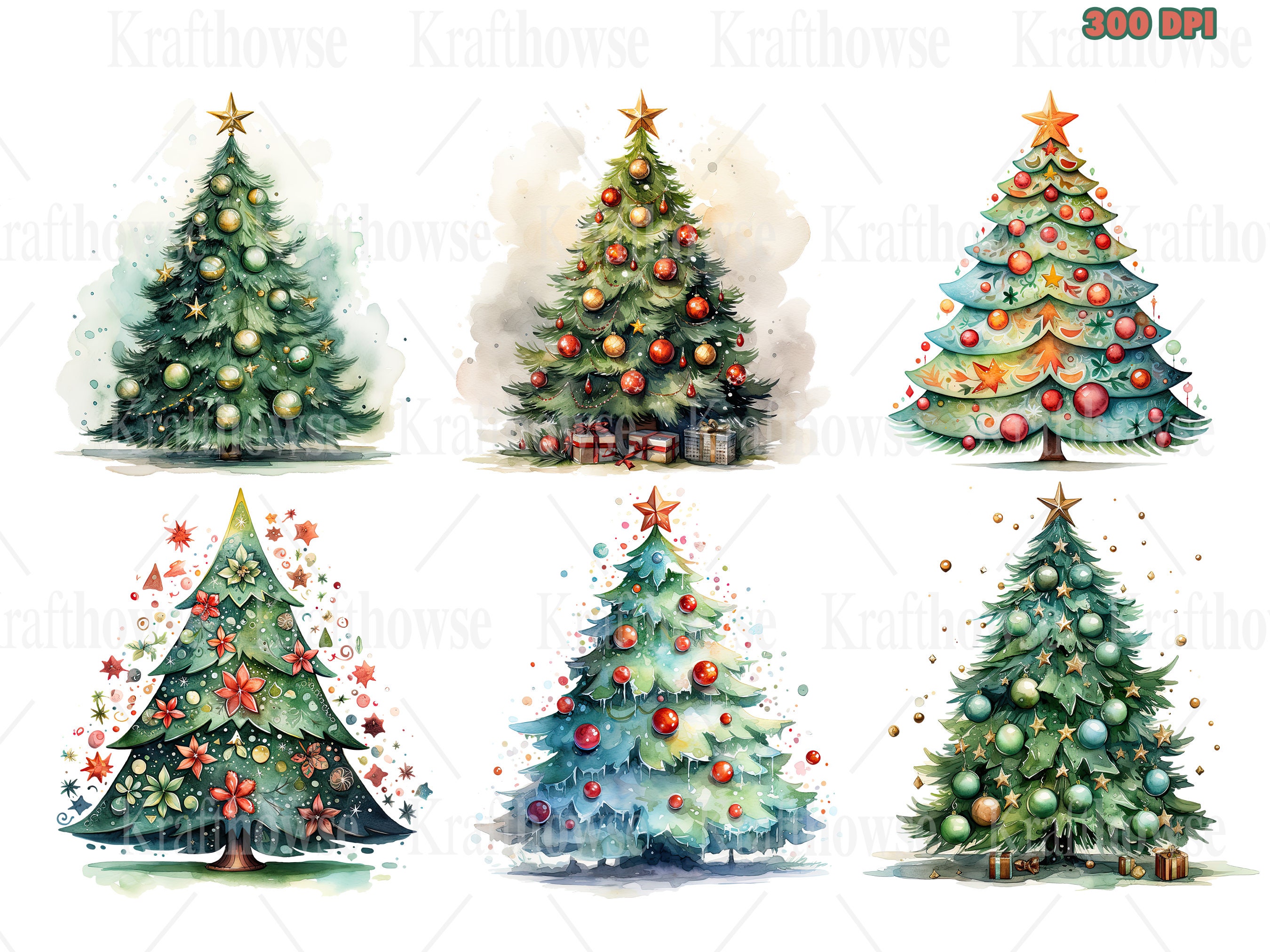Watercolor Christmas Tree Png-clipart Holiday Bundle of 25 Christmas ...