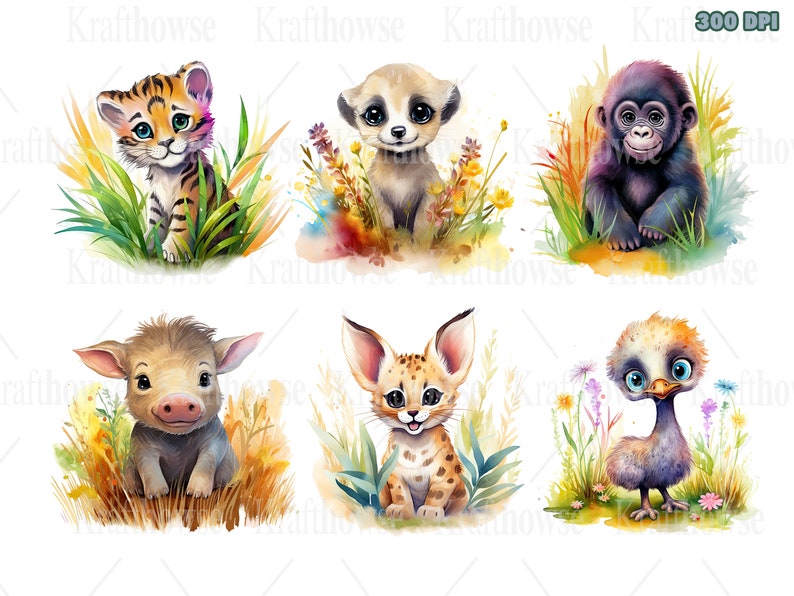 Watercolor Safari Baby Animal Png-clipart Bundle of 25 Baby Animal ...