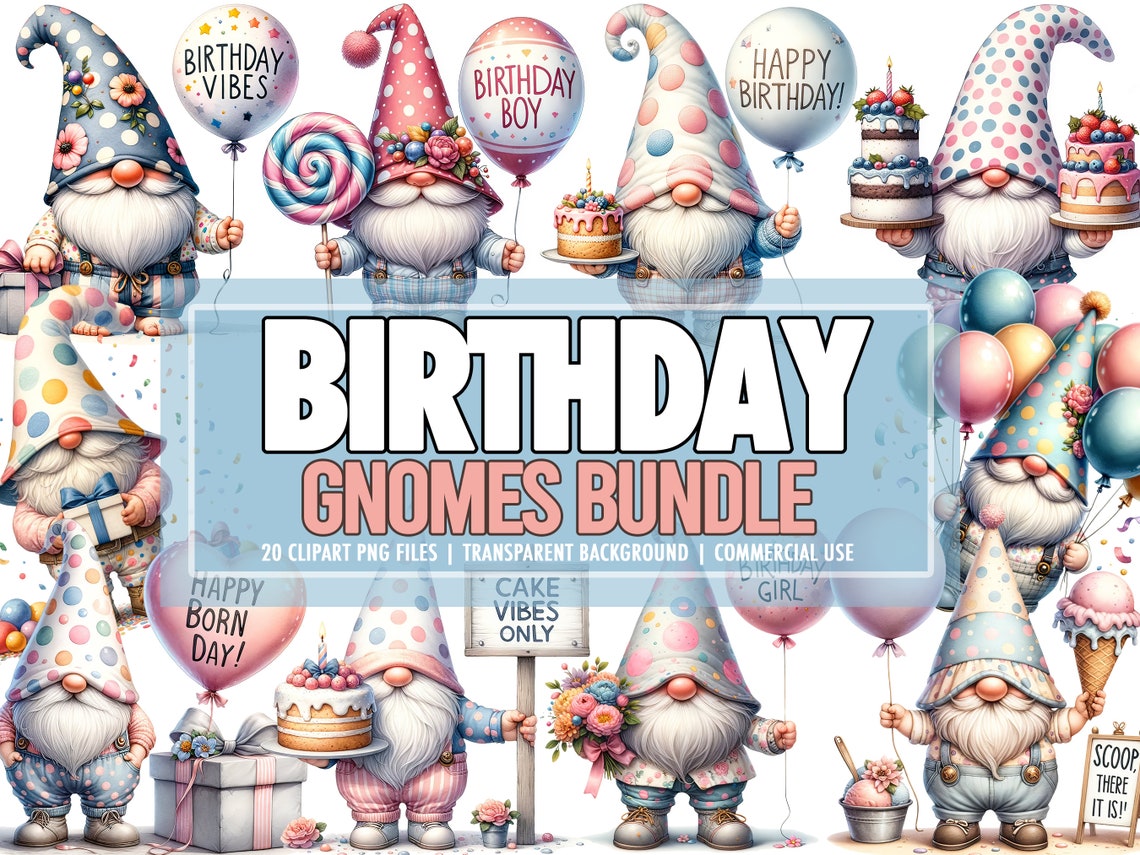 Watercolor Happy Birthday Gnomes PNG Clipart Bundle of 20, Cute ...