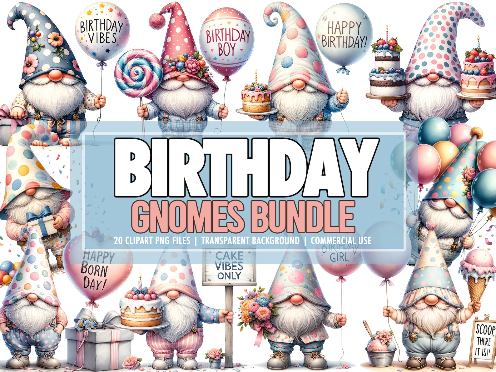 Watercolor Happy Birthday Gnomes PNG Clipart Bundle of 20, Cute ...