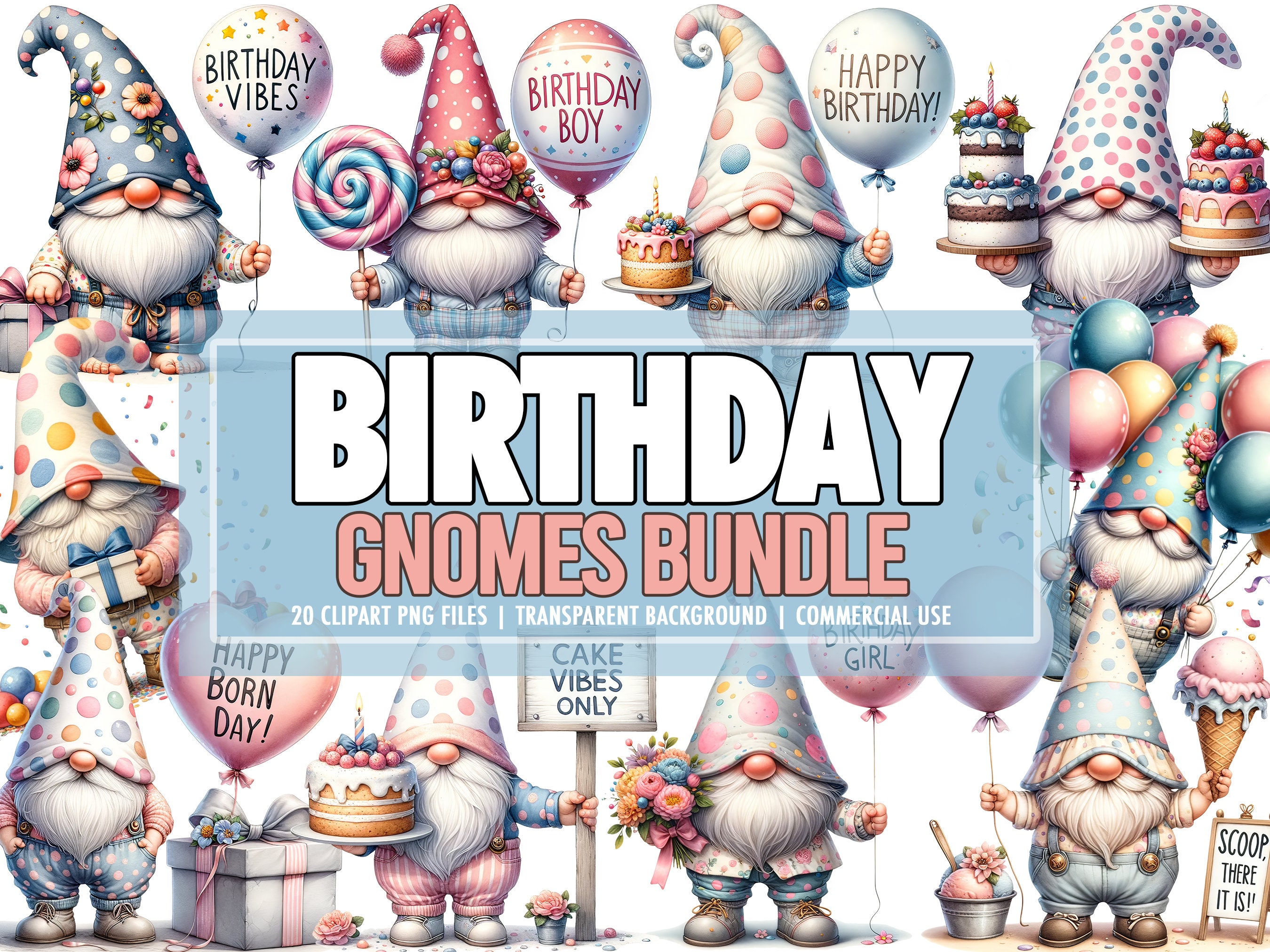 Watercolor Happy Birthday Gnomes PNG Clipart Bundle of 20, Cute ...