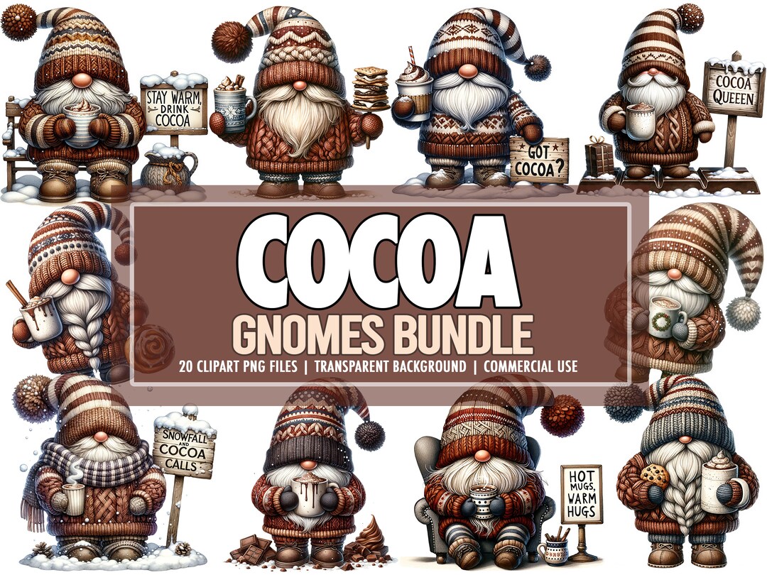 Watercolor Winter Holiday Cocoa Gnomes PNG Clipart Bundle of 20, Cute ...