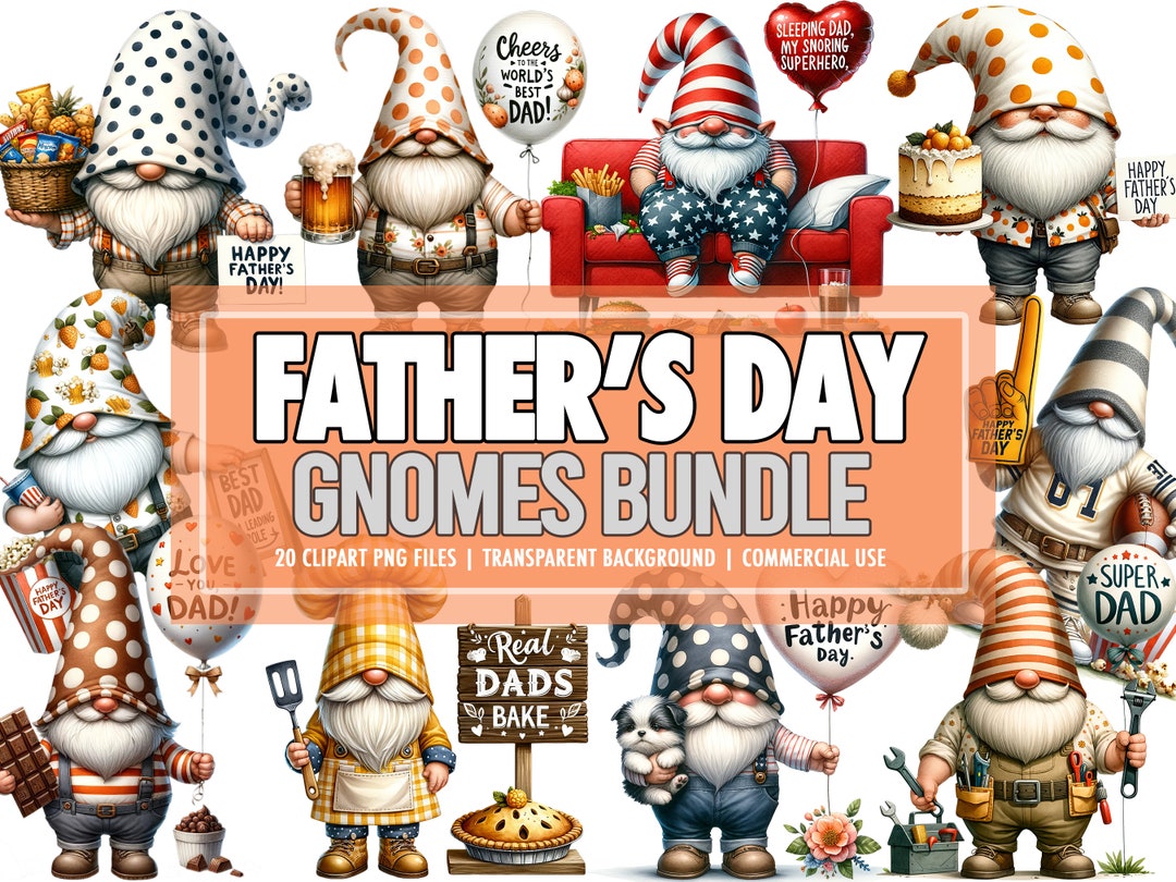 Watercolor Father's Day Gnomes PNG Clipart Bundle of 20, Gnome Cute ...