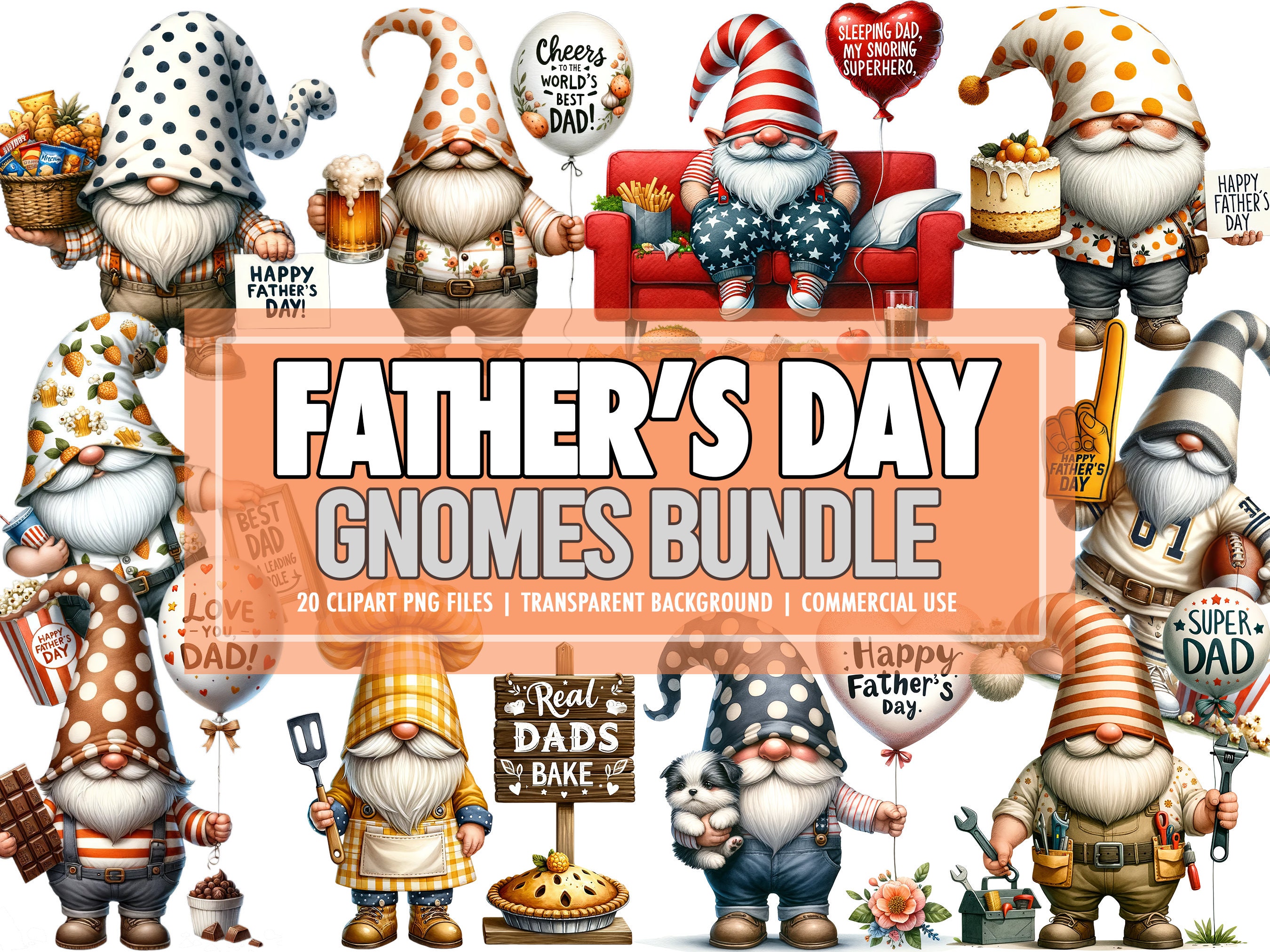 Watercolor Father's Day Gnomes PNG Clipart Bundle of 20, Gnome Cute ...