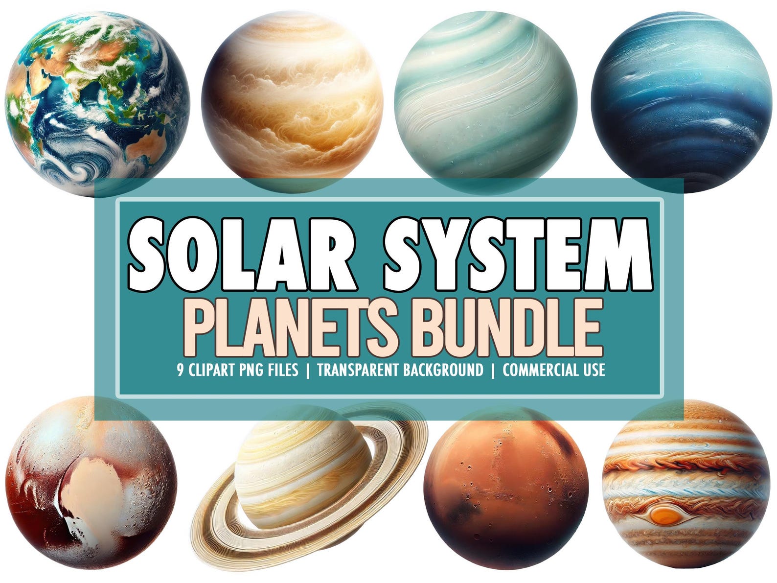 Watercolor Planets Solar System PNG Clipart Bundle of 9, Cute Planet ...