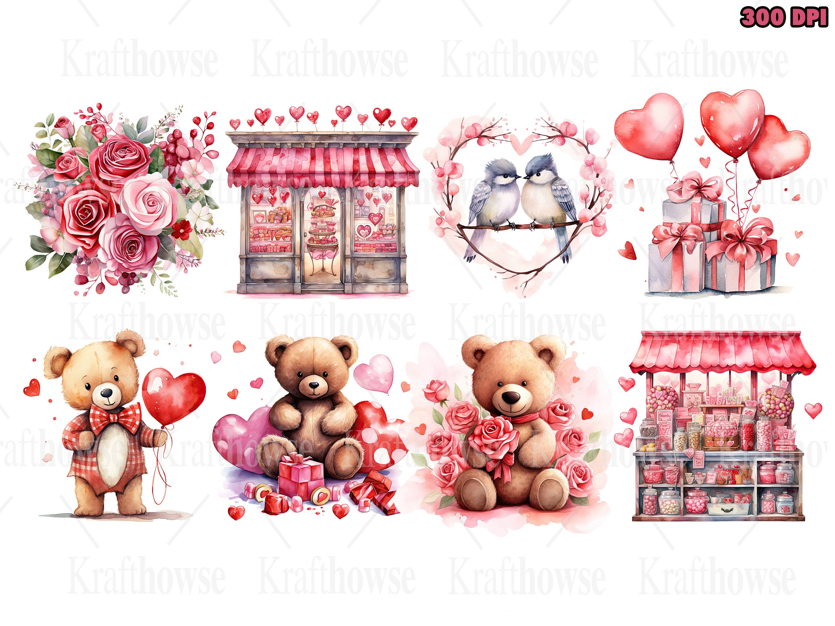 Watercolor Valentines Day Cuteness Png-clipart Bundle of 30 Valentines ...