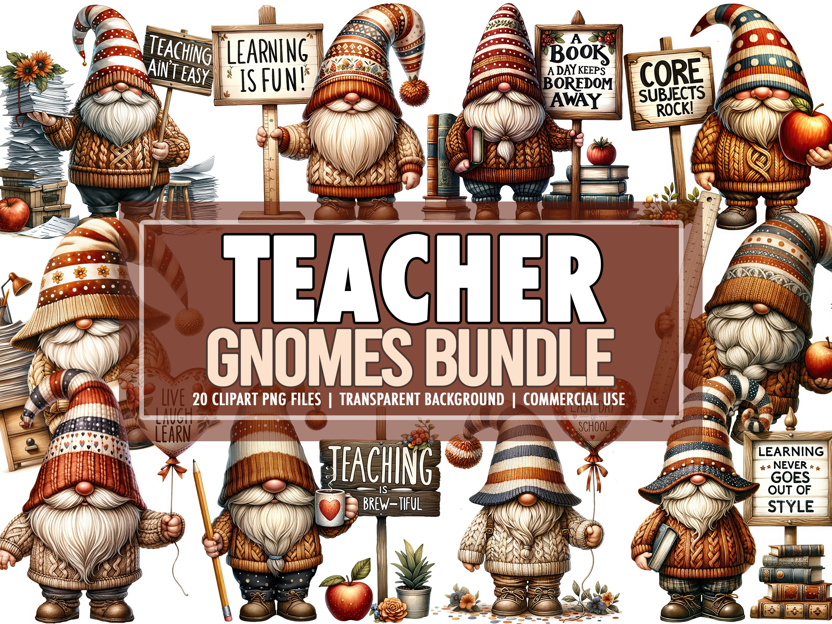 Watercolor Teacher Gnome PNG Clipart Bundle of 20, Cute Gnome PNG ...