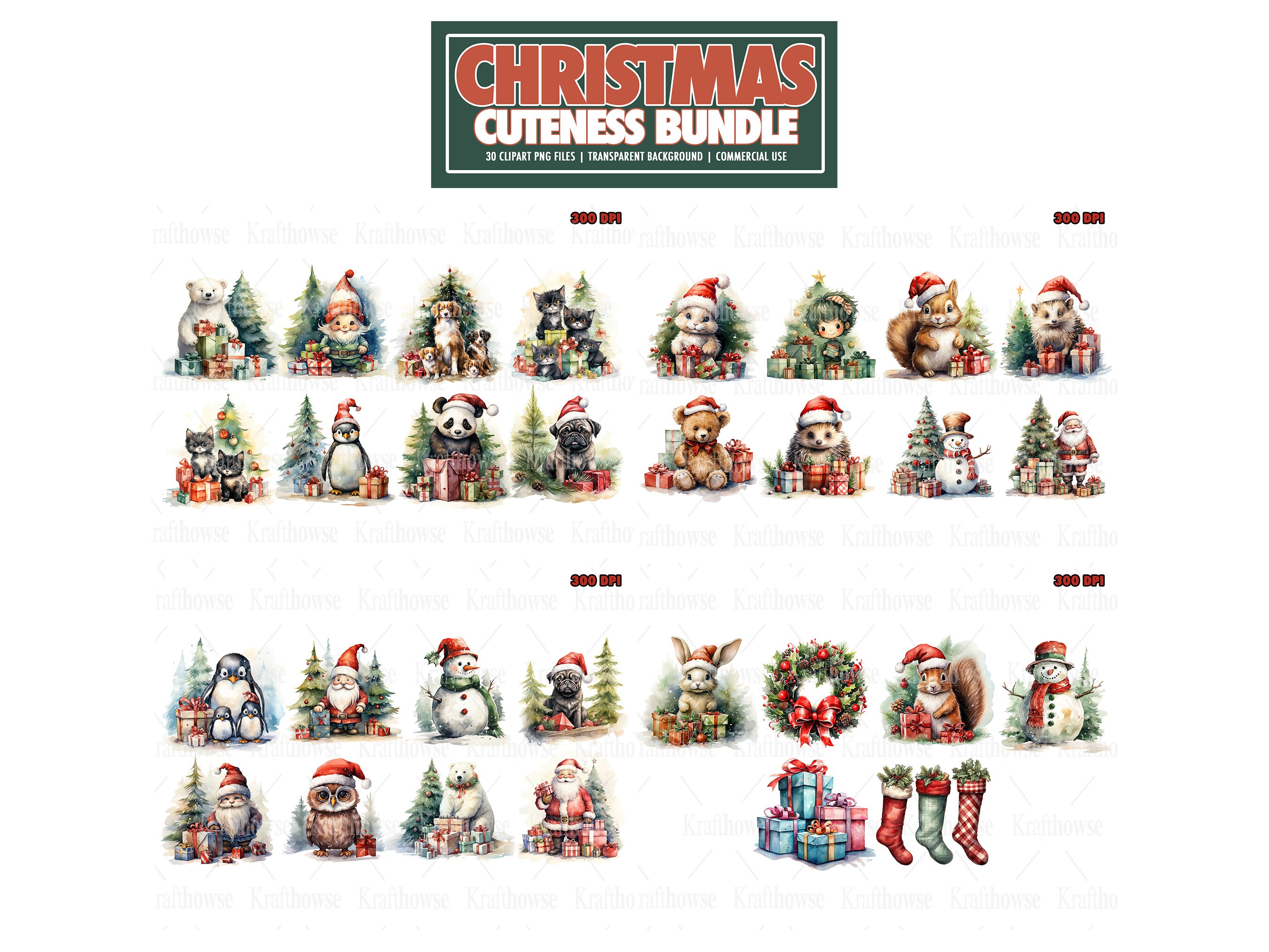 Watercolor Christmas Mega Png-clipart Bundle of 180 Christmas Digital ...