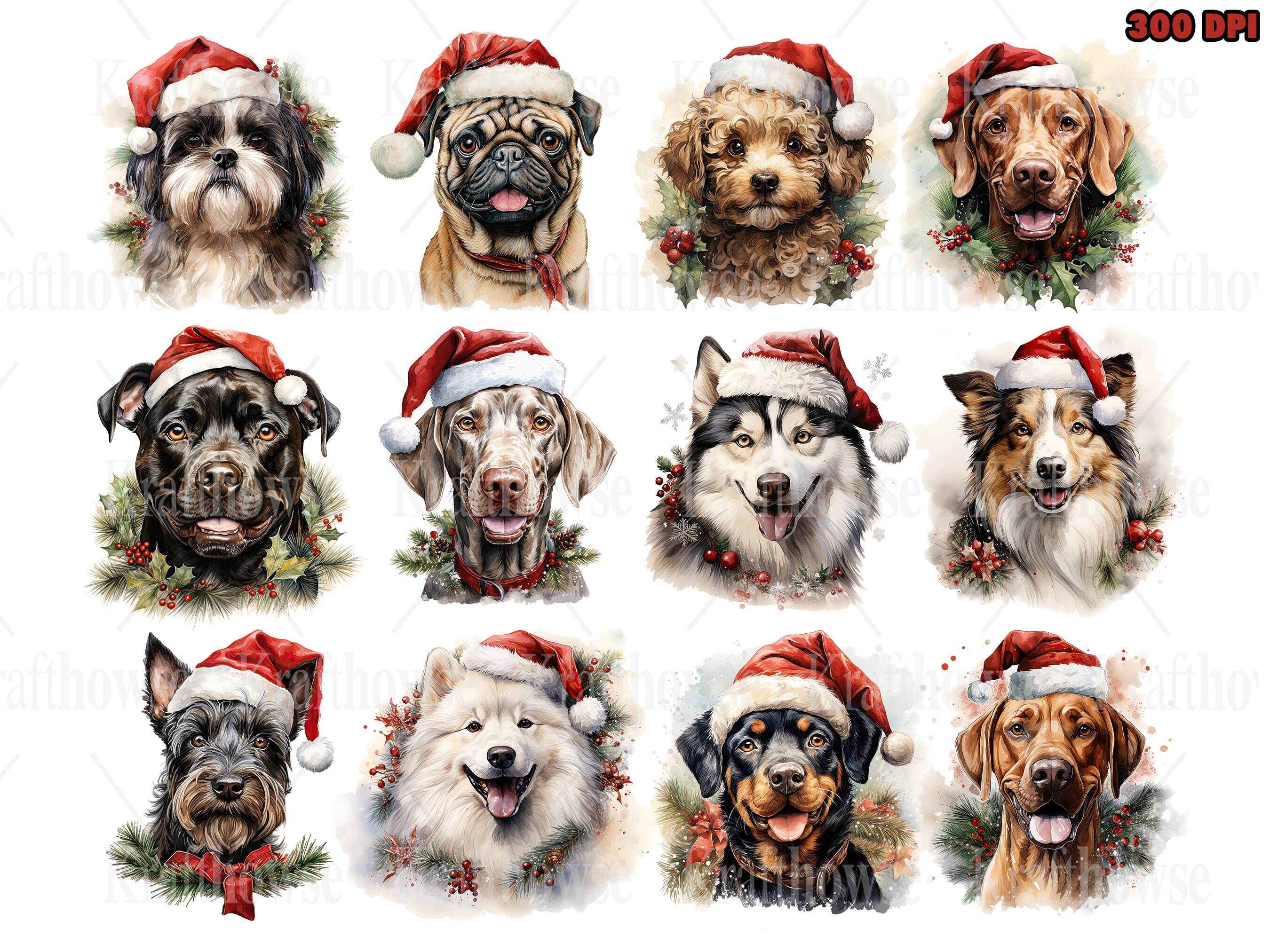 Watercolor Christmas Dog Breed Png-clipart Holiday Bundle of 50 ...