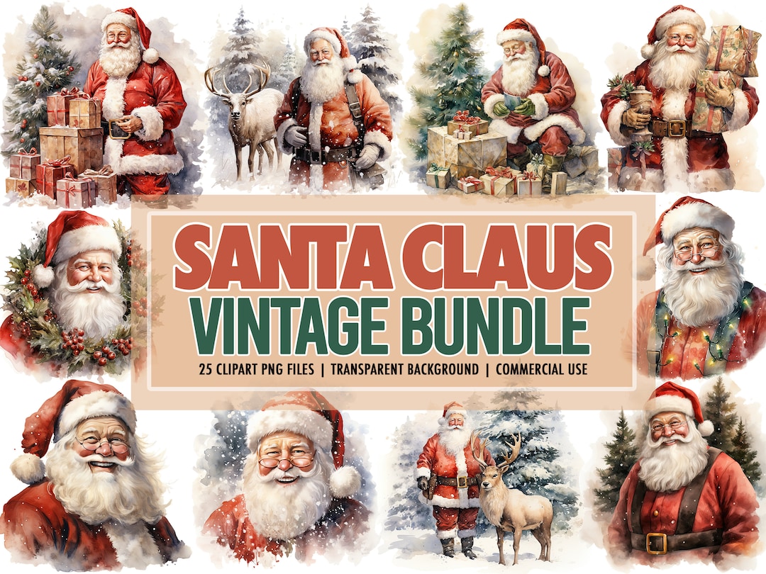 Watercolor Santa Claus Vintage Png-clipart Bundle of 25 - Christmas ...