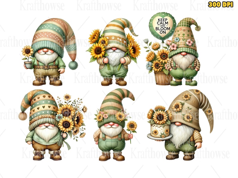 Watercolor Sunflower Gnome PNG Clipart Bundle of 20, Cute Summer Gnome ...