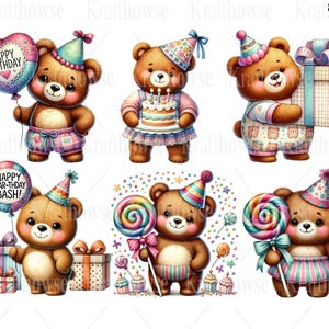 Watercolor Birthday Bear PNG Clipart Bundle of 20, Cute Bear PNG ...
